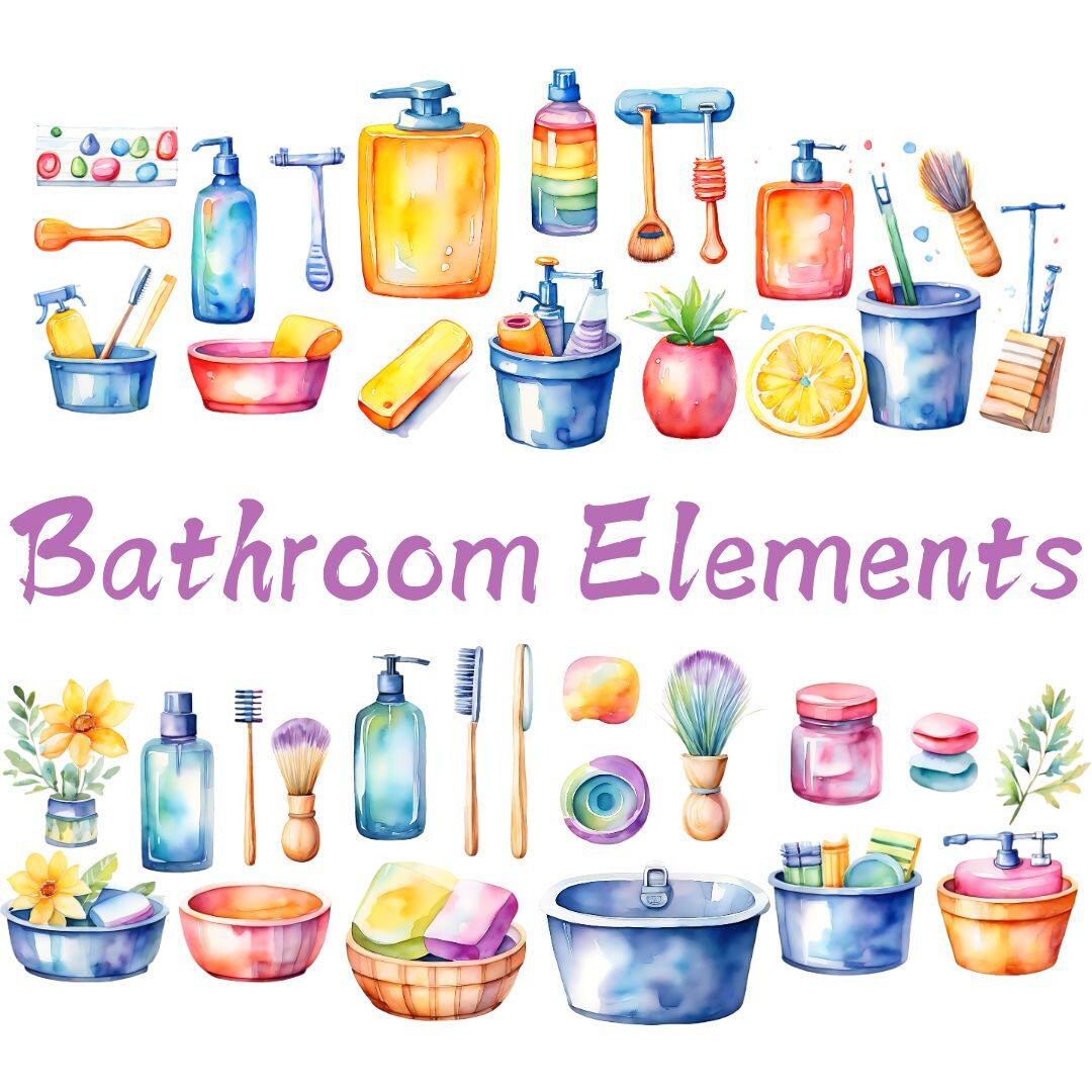 Watercolor Bathroom Elements Clip Art Individual Pieces for Custom ...