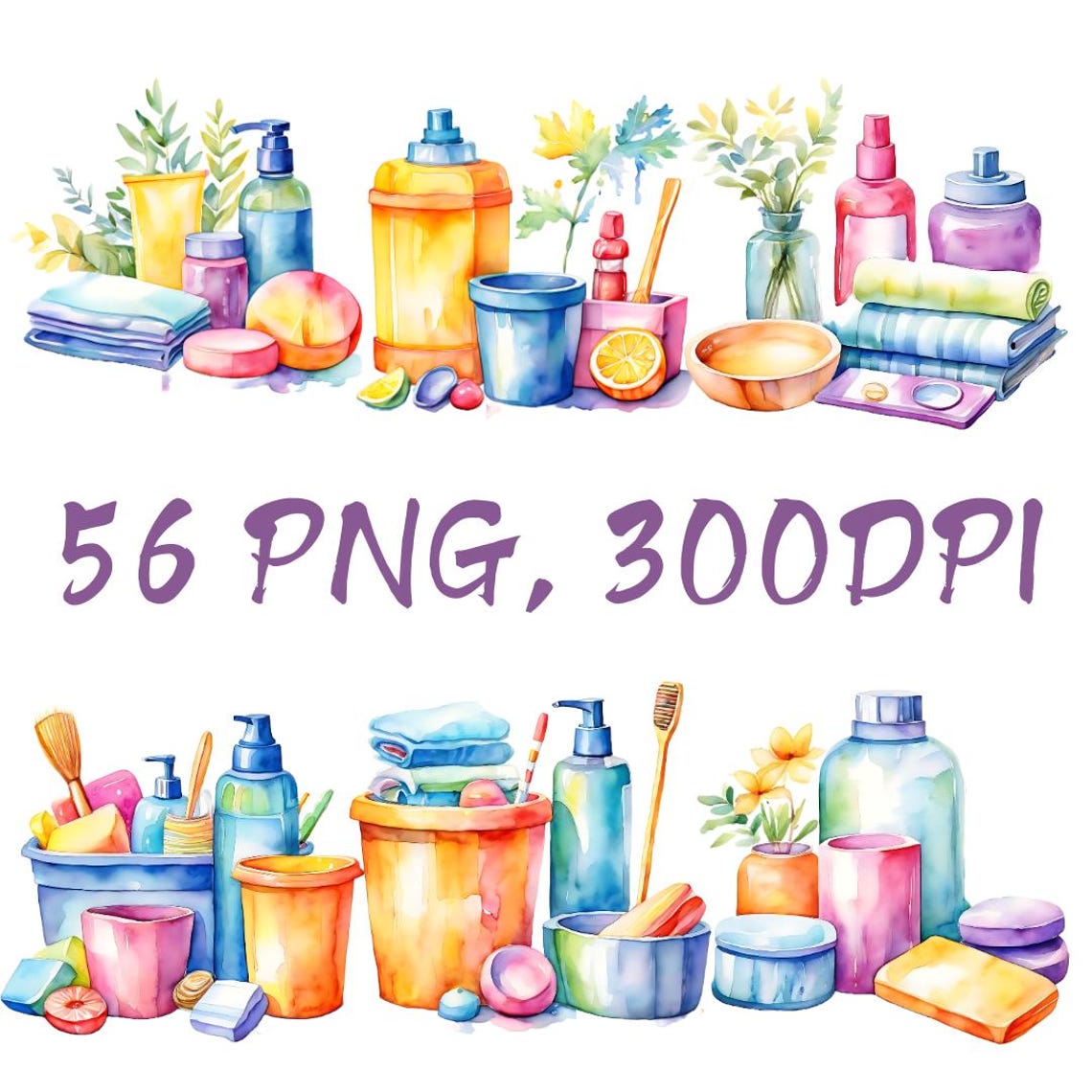 Colorful Watercolor Bathroom Essentials Clip Art Set Towels, Bottles ...