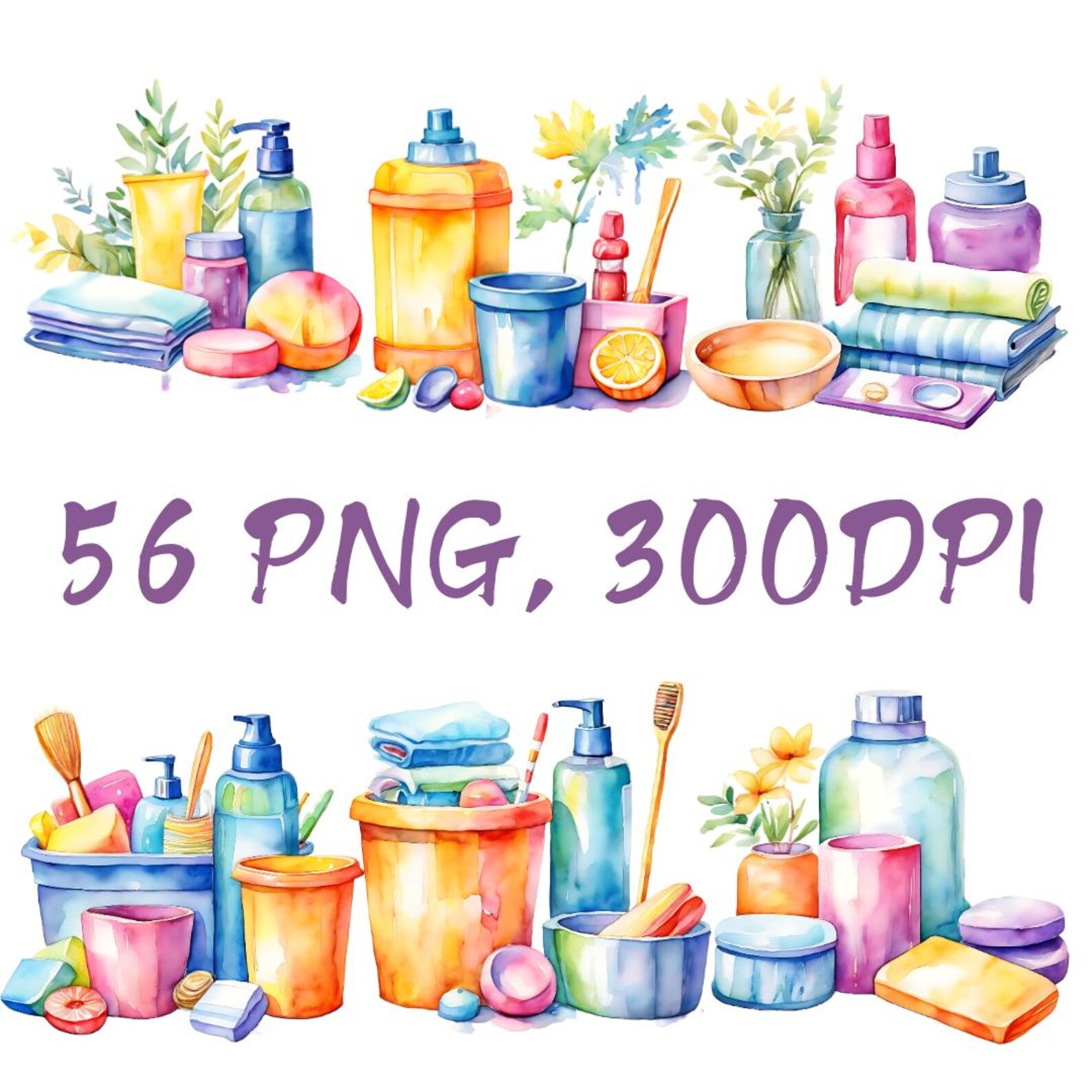 Colorful Watercolor Bathroom Essentials Clip Art Set Towels, Bottles ...