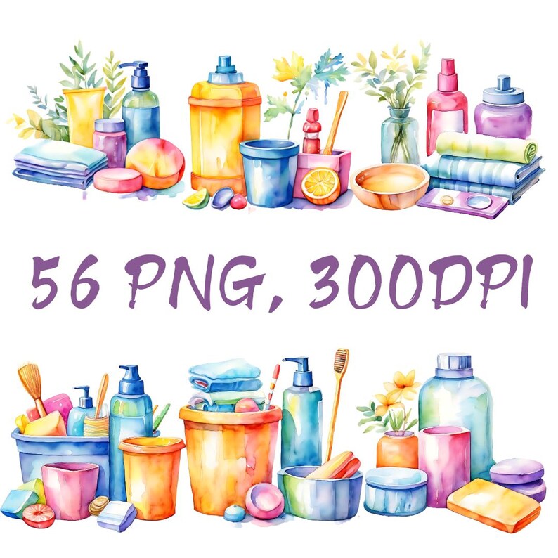Colorful Watercolor Bathroom Essentials Clip Art Set Towels, Bottles ...