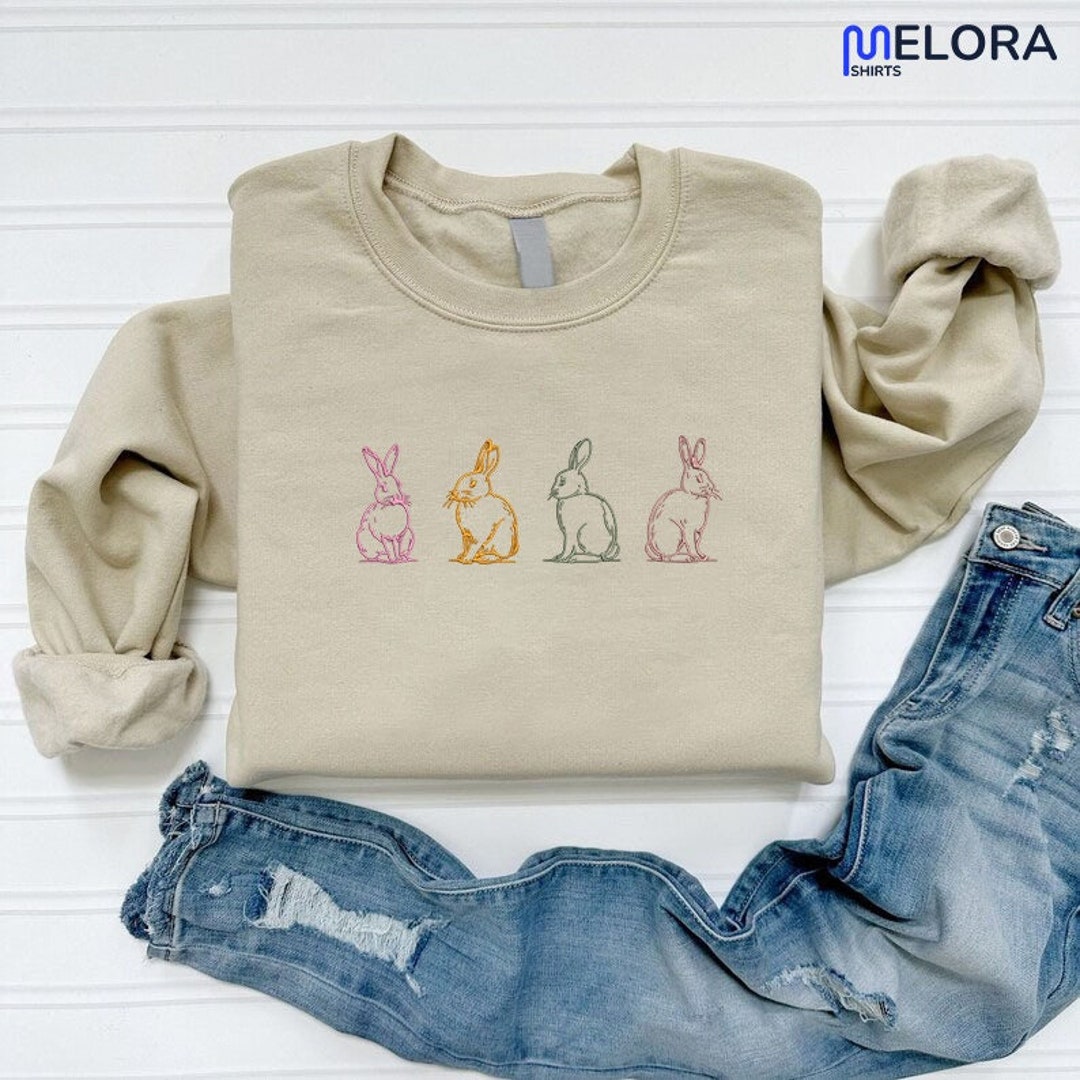 Bunny Embroidered Sweatshirt, Embroidered Rabbit Sweatshirt, Bunny ...