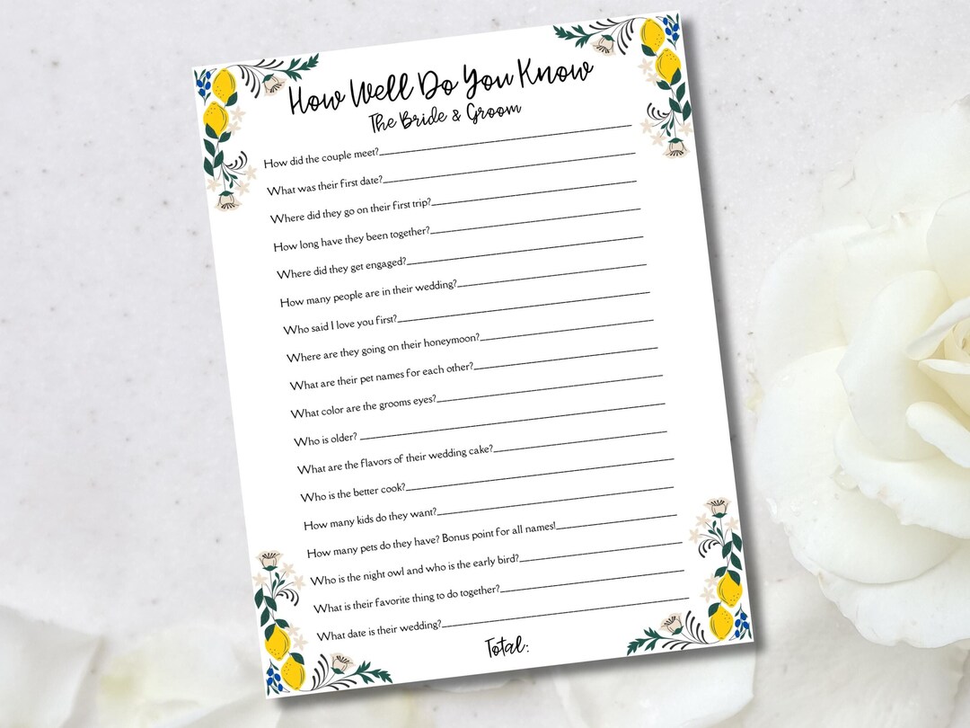 Bride and Groom Trivia Game – Lemon Positano Theme, Bridal Shower ...