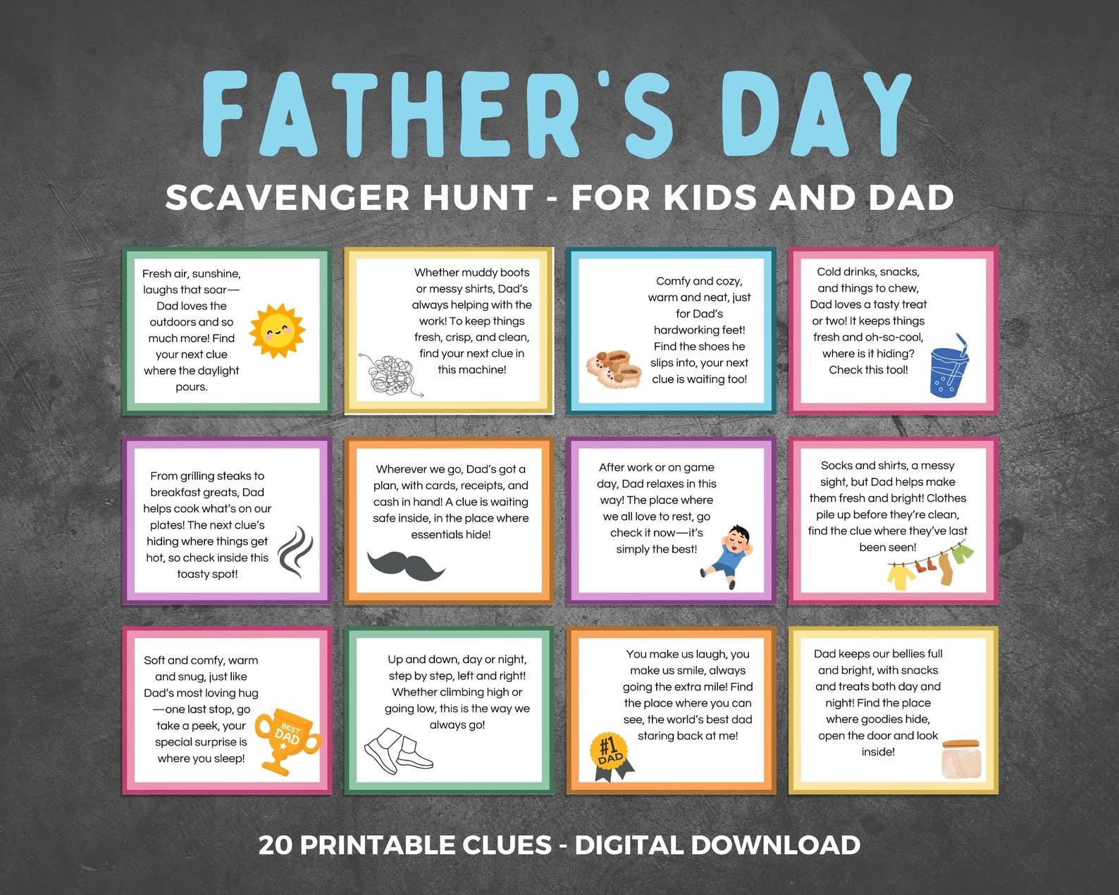 Father's Day Scavenger Hunt for Kids and Dad | Printable Clue Cards ...