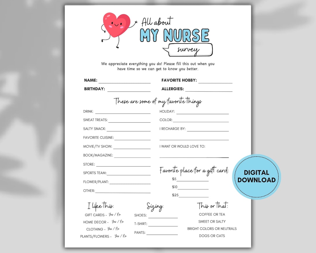 Printable Nurse Favorites Questionnaire | All About Me Nurse Form | Get ...