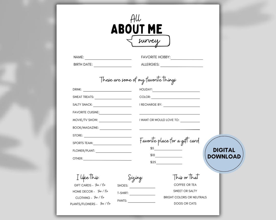 All About Me Employee Survey | Printable My Favorite Things List ...