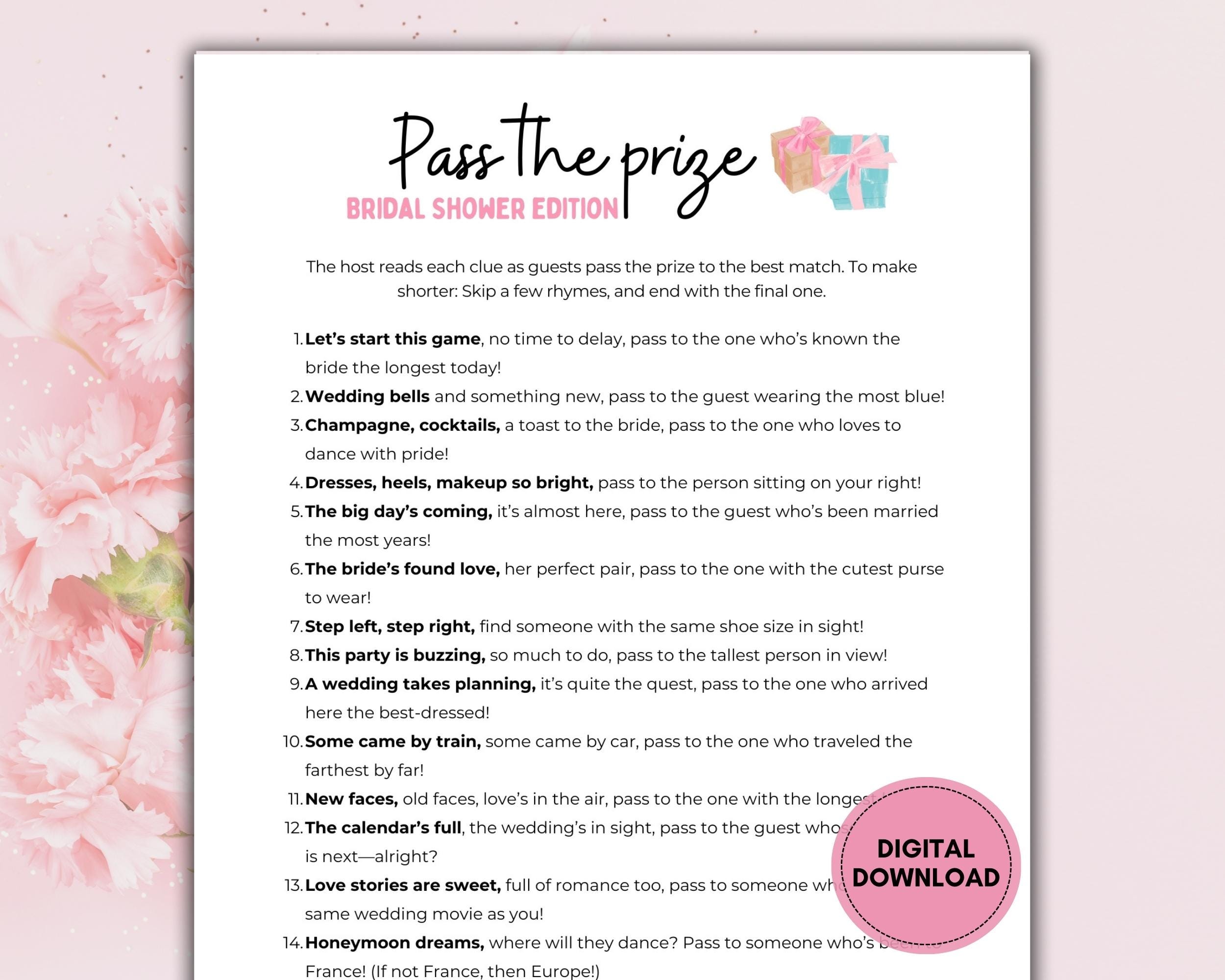 Pass the Prize Bridal Shower Game | Pass the Gift Bridal Shower Rhyme ...