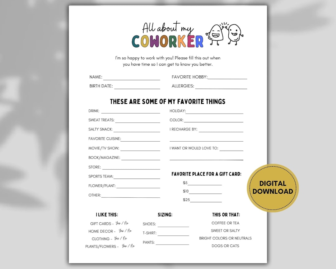 All About Me Form Employees| Printable Favorites List Coworker| Office ...