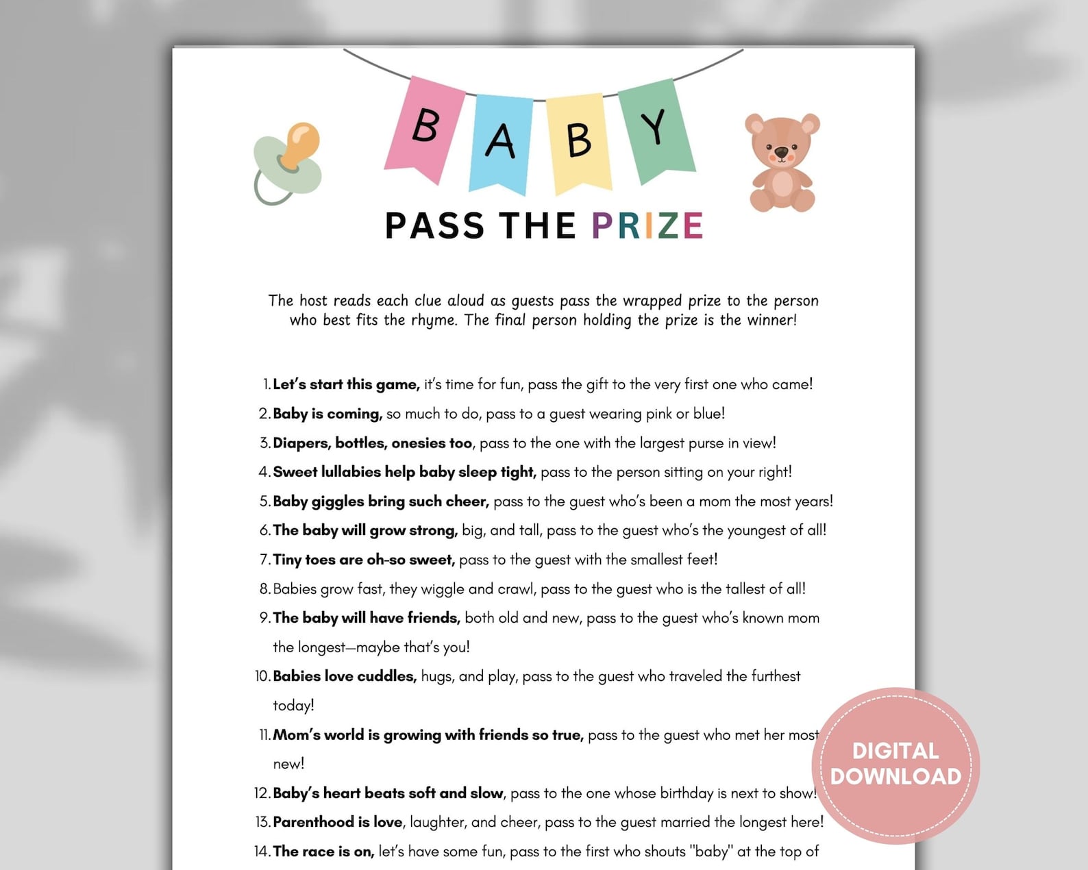 Pass the Prize Baby Shower Game Printable | Baby Shower Pass the ...