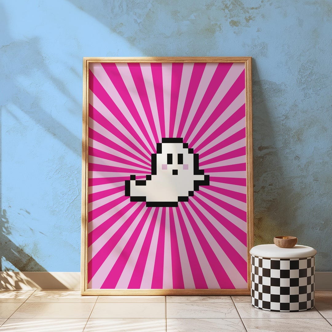 Pixel Art Ghost Print, Cute Retro Halloween Decor, Pink and White ...