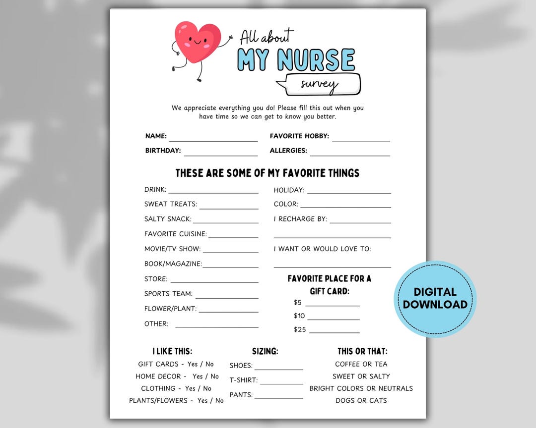Printable Nurse Favorites Form | All About Me Worksheet for Nurses ...