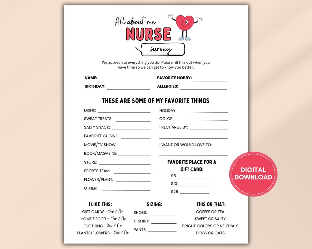 Printable Nurse Appreciation Gift Questionnaire | All About Me Nurse ...