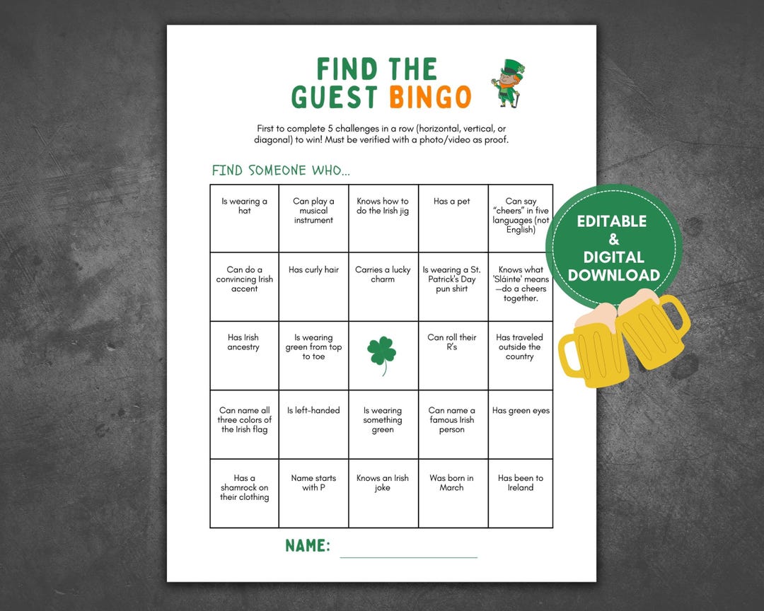 St Patricks Day Find the Guest Bingo, Editable St Patrick's Find ...