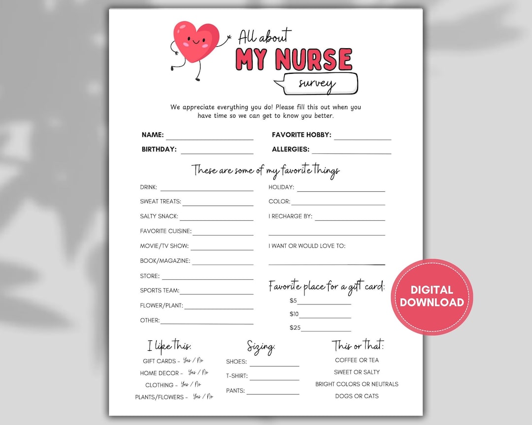 Printable Nurse Get to Know Me | Nurse Favorite Things Questionnaire ...