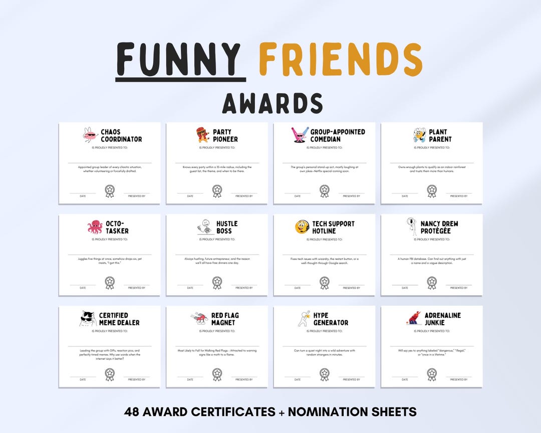 Funny Friends Awards | Printable Sarcastic Friend Certificates | Girls ...