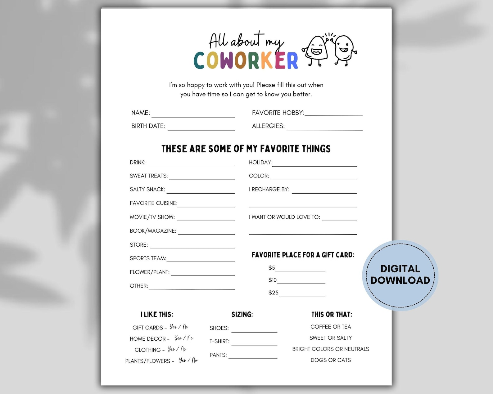 Employee Favorite Things List | Team Building Get to Know Your Staff ...