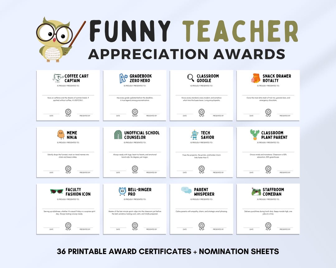 Printable Teacher Appreciation Awards | Funny Teacher Staff Awards ...