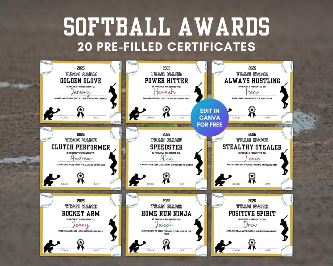 Funny Softball Award Certificates | Editable End of Season Sports ...