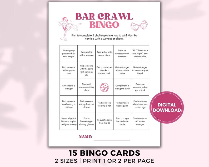 Bar Crawl Bingo Cards for Girls Night Out | Pub Crawl Party Game ...