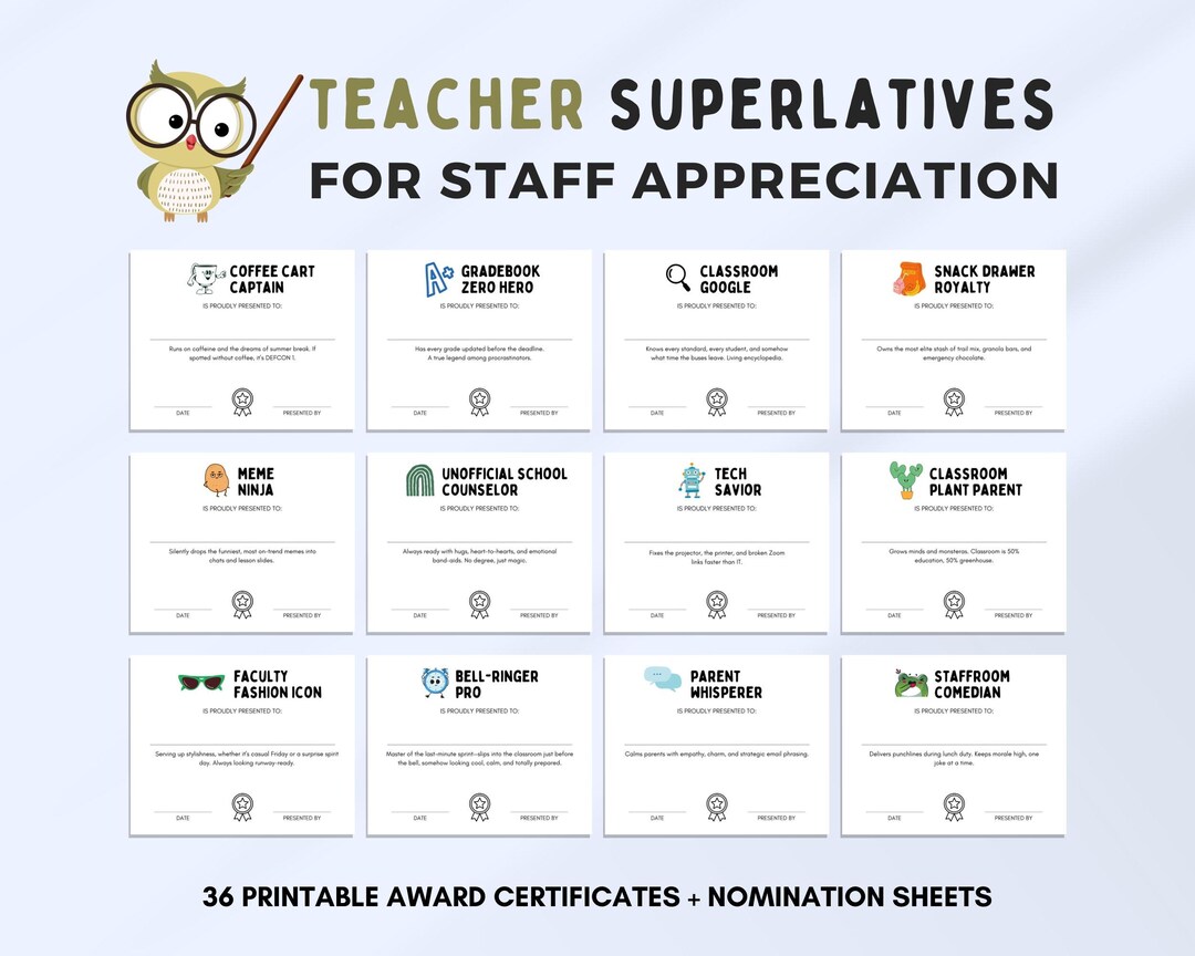 Funny Teacher Awards | Printable Staff Awards for Teachers| Team Games ...