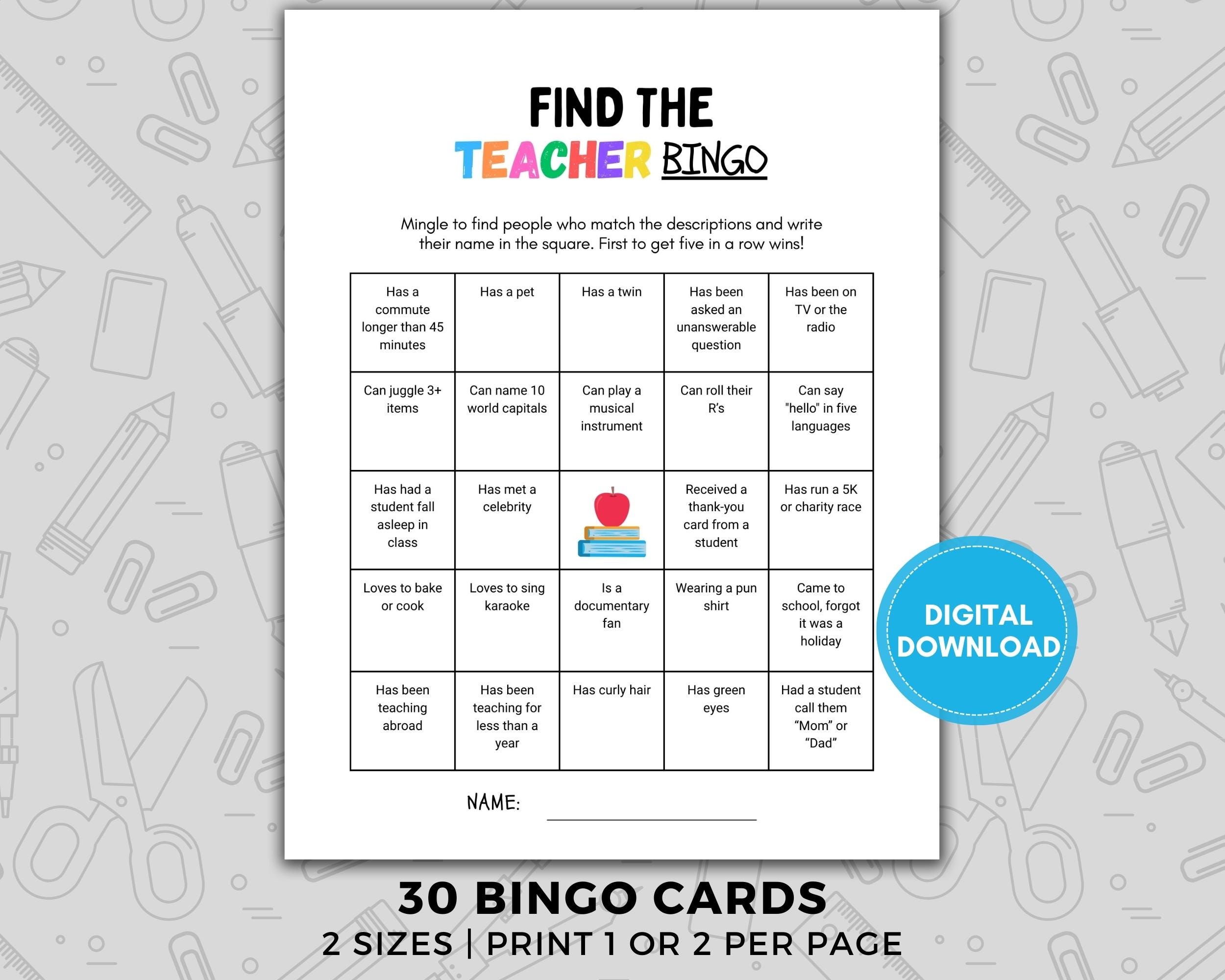 Teacher Bingo Game | Find the Teacher Appreciation Bingo Cards | Staff ...