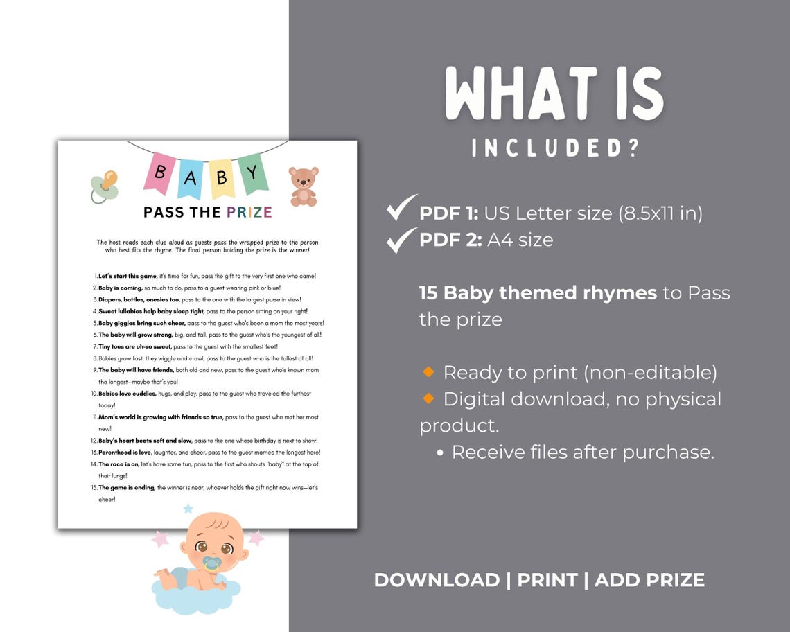 Pass the Prize Baby Shower Game Printable | Baby Shower Pass the ...