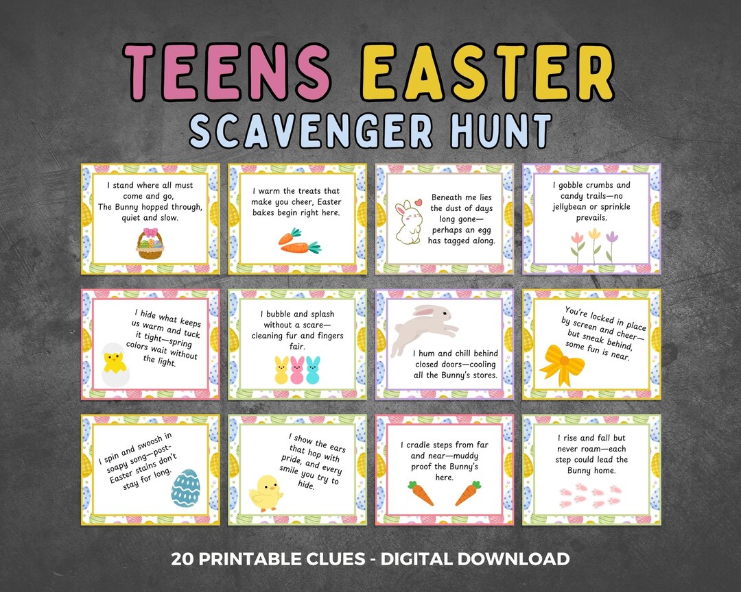 Easter Scavenger Hunt for Teens Printable | Tricky Easter Trivia Cards ...