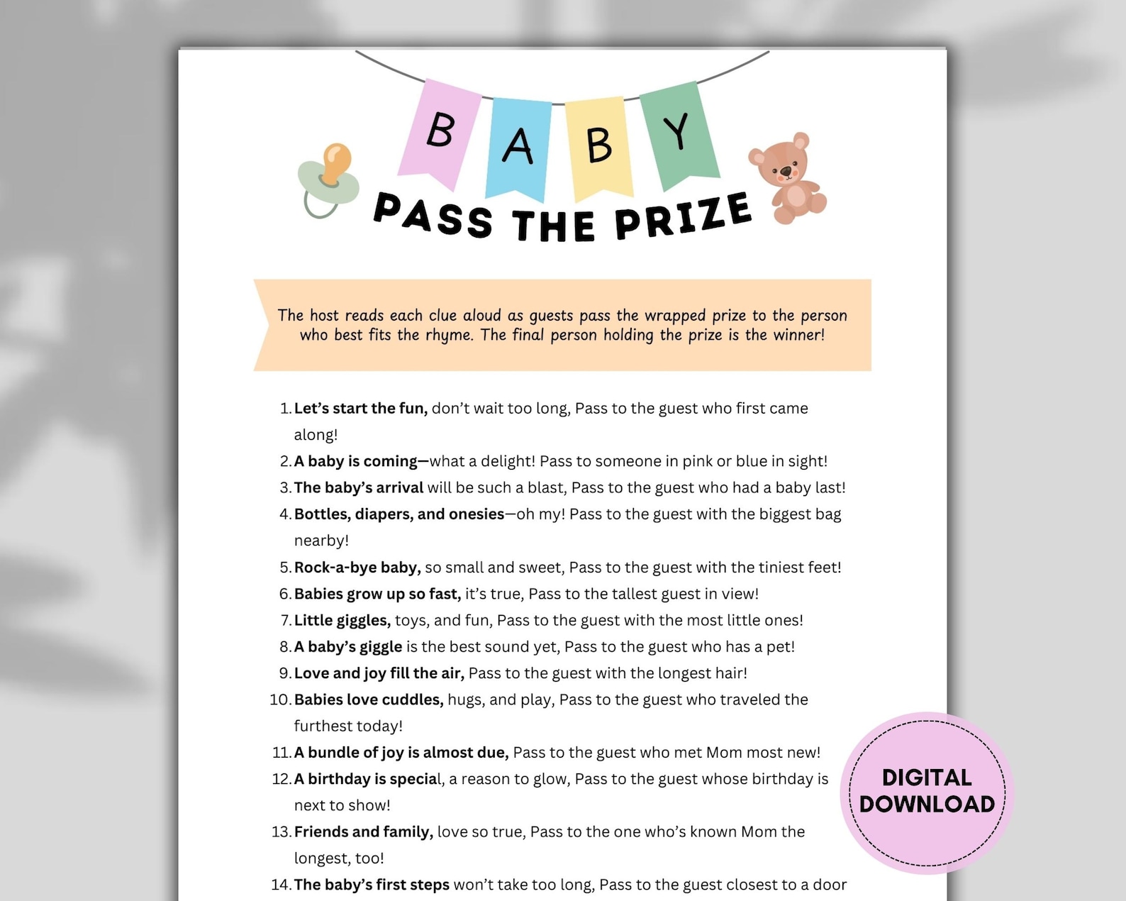 Pass the Gift Baby Shower Game | Baby Shower Pass the Prize Poem ...
