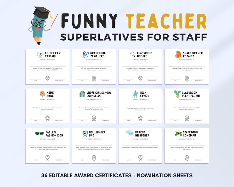 Funny Teacher Awards | Editable Staff Awards for Teachers | Teacher ...