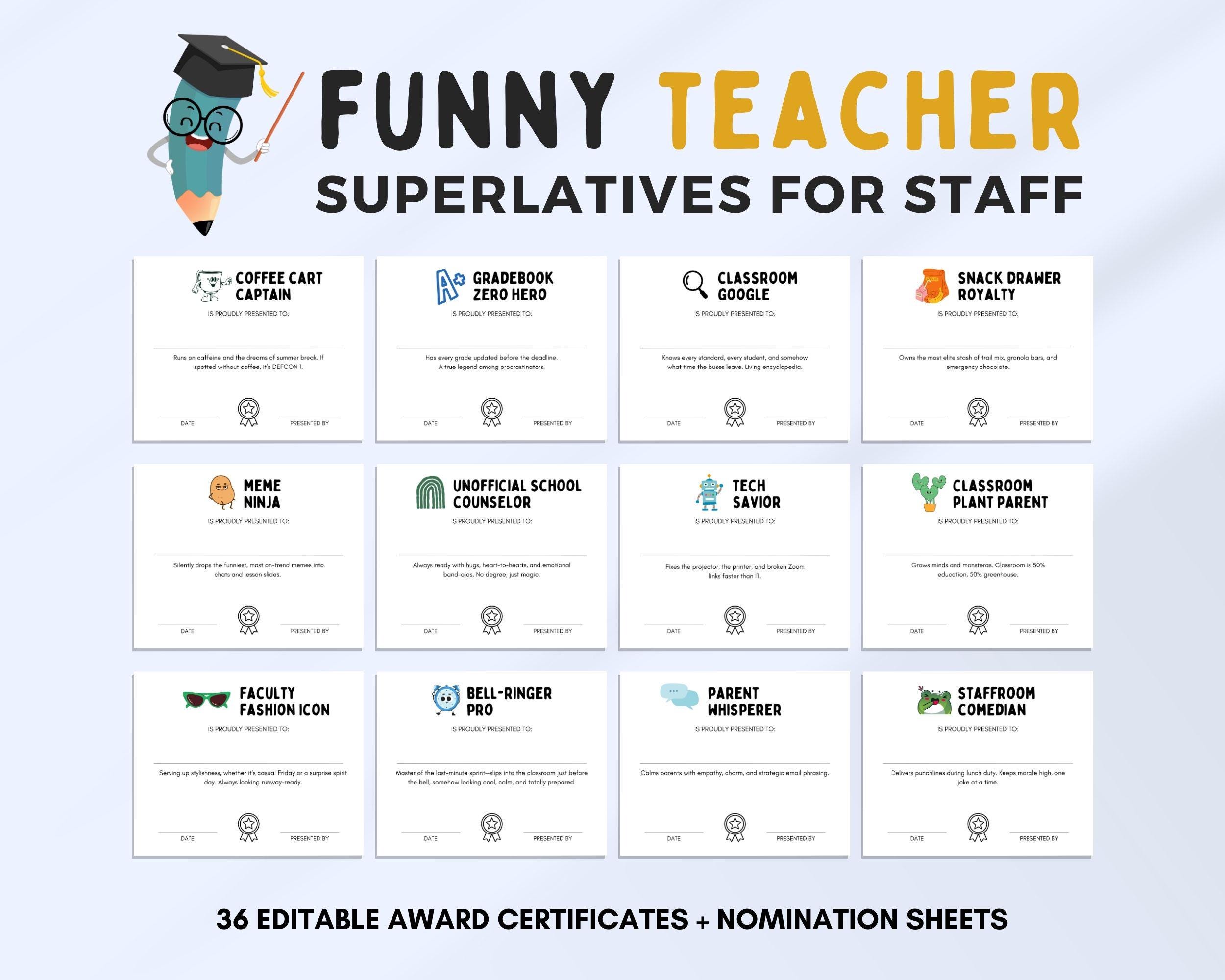 Funny Teacher Awards | Editable Staff Awards for Teachers | Teacher ...