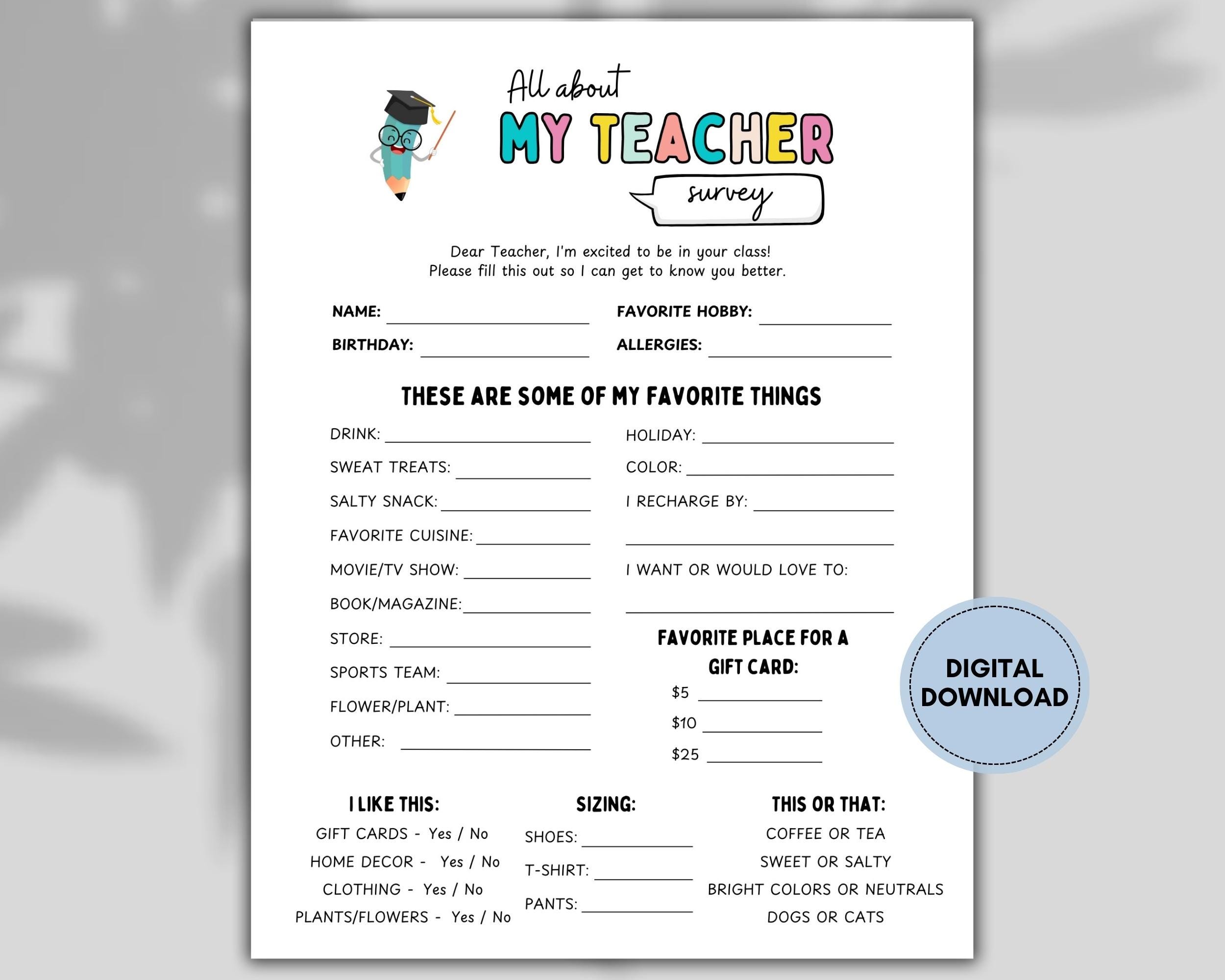 Printable All About My Teacher Form | Get to Know Me Teacher Activity ...