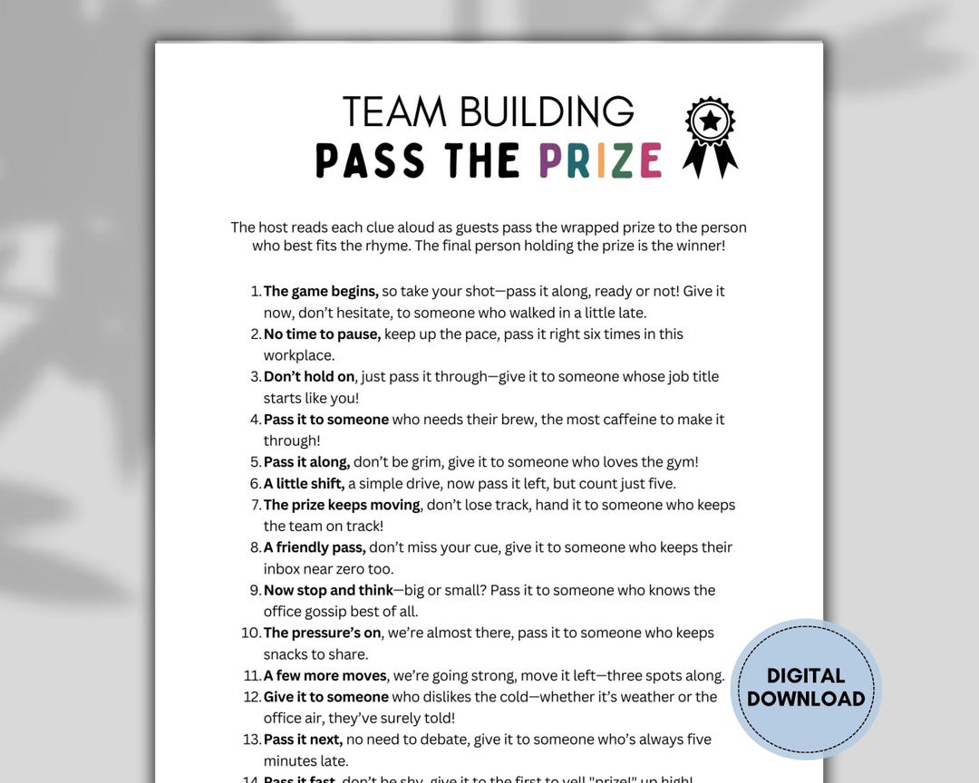 Pass the Prize Coworker Game | Printable Team Building Games | Office ...