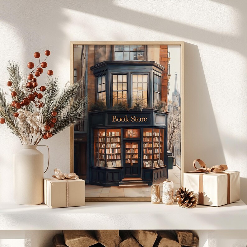 Book Store Art Print - Digital Shop Scene Wall Decor, Modern Bookstore ...