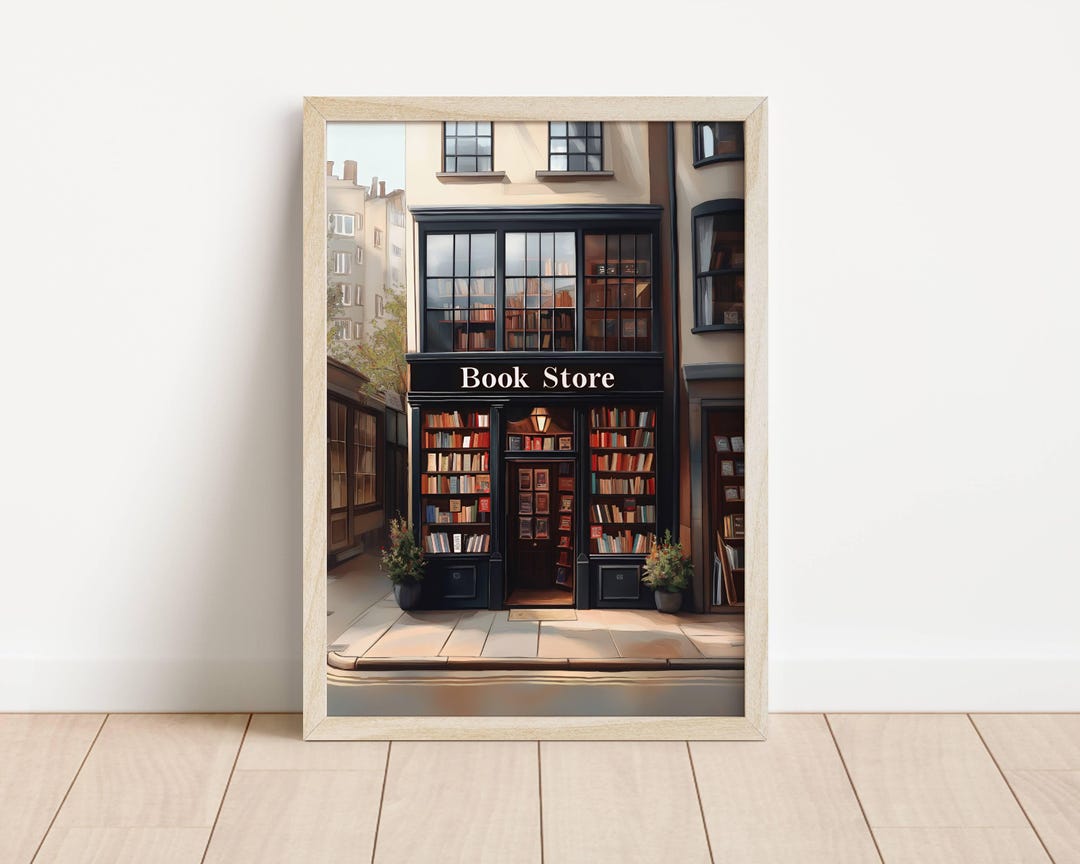 Store Front Art Print - Digital Book Shop Scene Wall Decor, Cozy Home ...