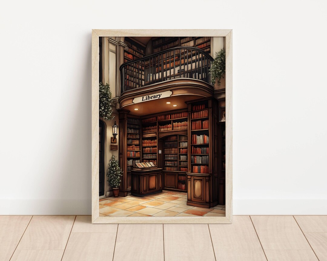 Library Art Print Cozy Reading Nook Decor, Digital Library Scene Wall ...