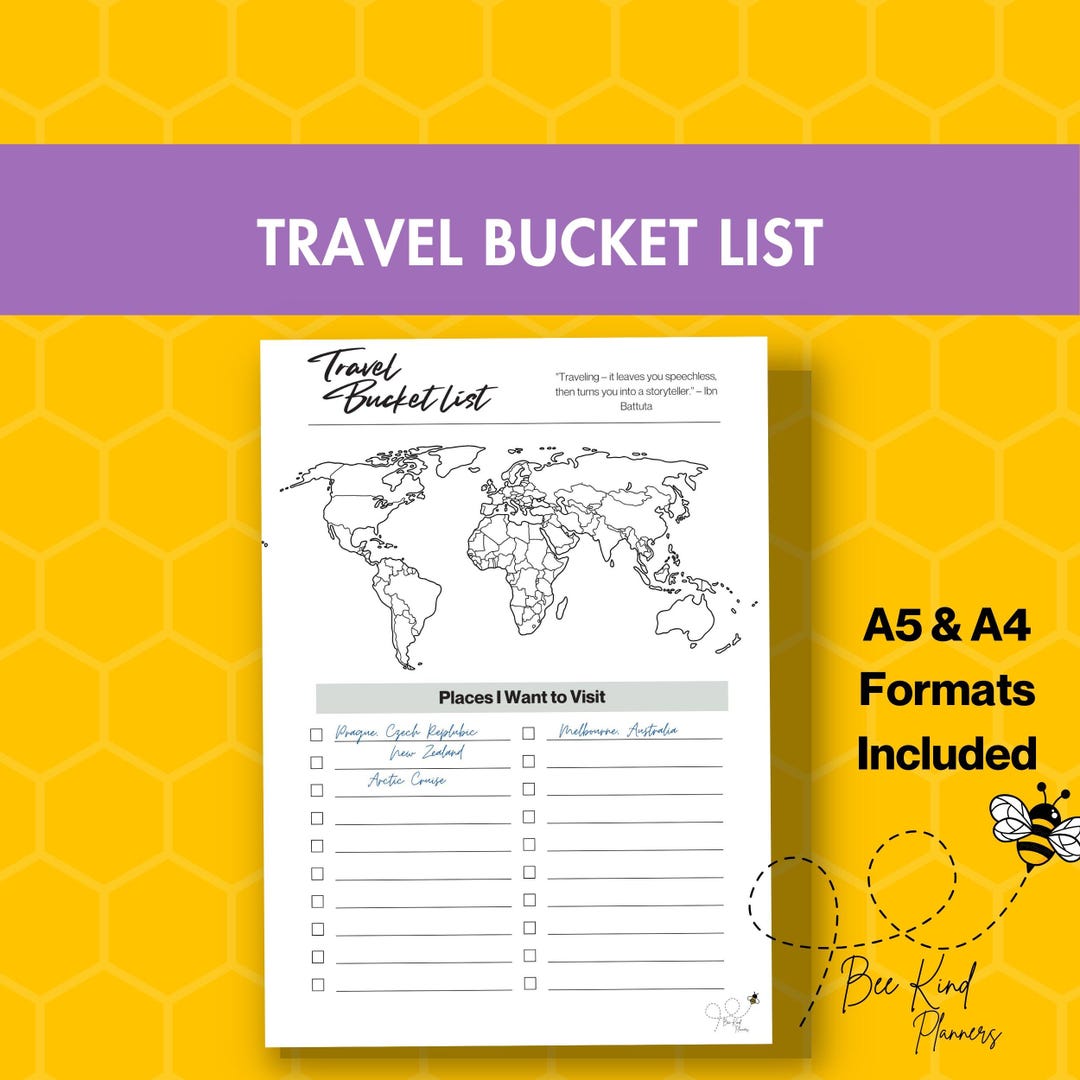 Travel Bucket List | Printable Journal Page | Bullet Planner Page ...