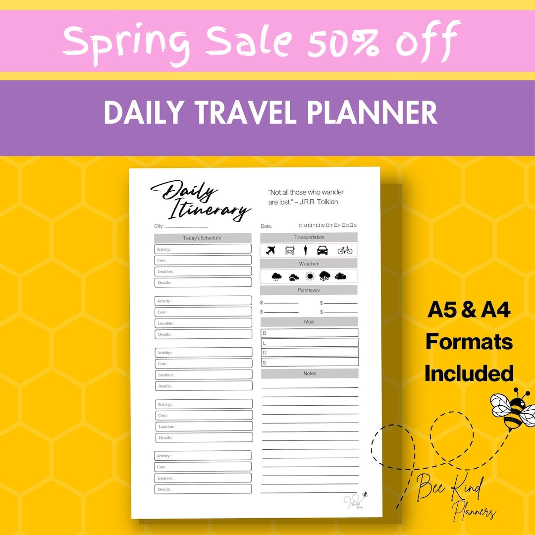 Daily Travel Itinerary | Printable Journal Page | Daily Travel Planner ...