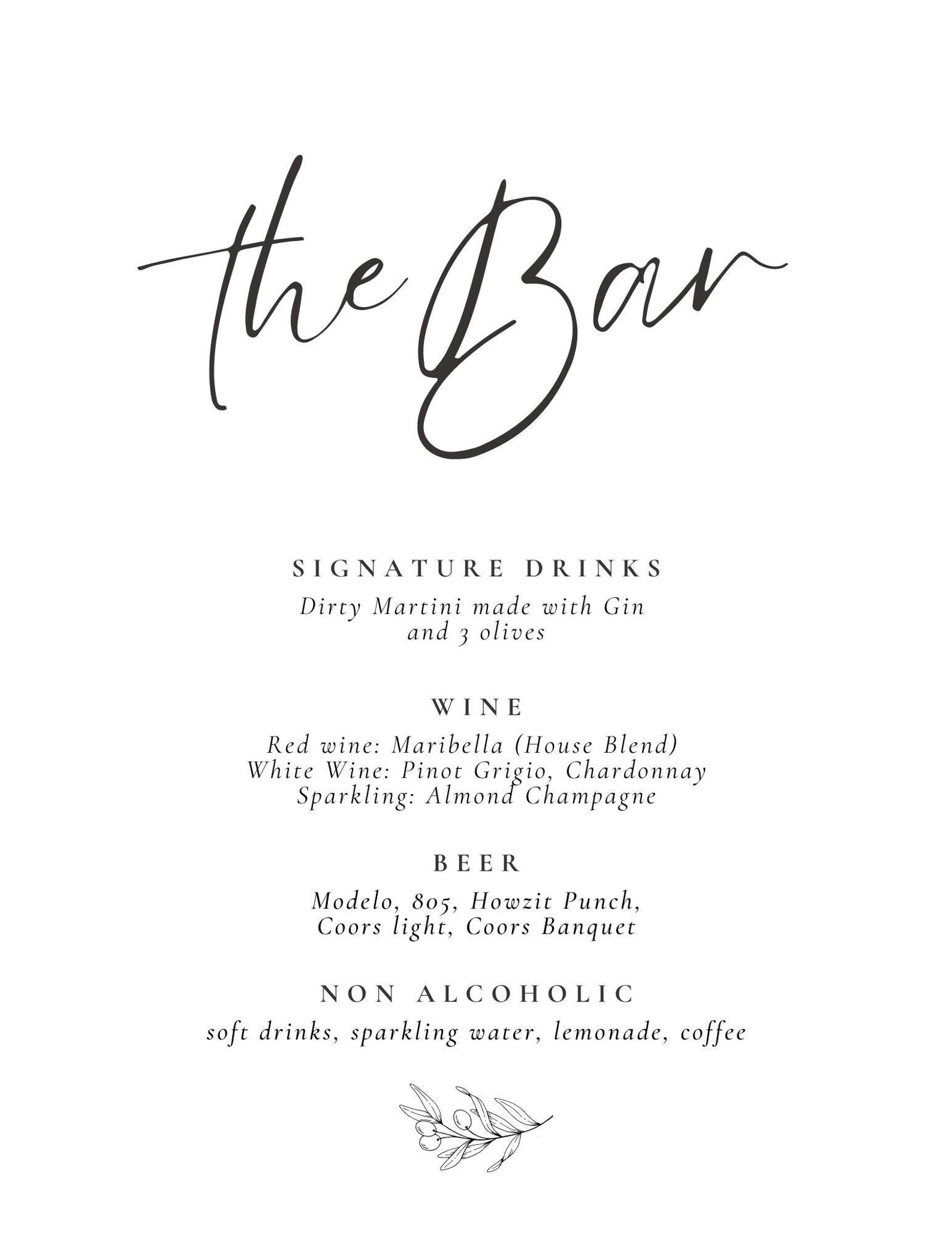Modern Bar Menu With Olive Branch - Etsy