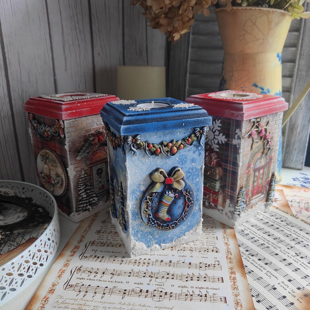 Christmas Candlestick Wooden Box With a Tea Light Holder Christmas ...