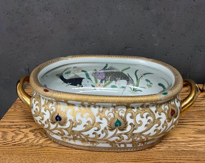 Vintage Famille Rose Porcelain Foot Bath: Koi Fish & Crab Chinoiserie ...