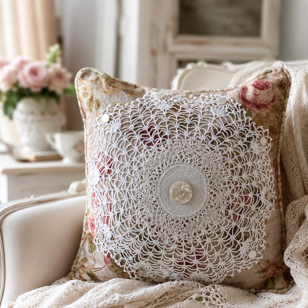 Shabby Chic Pillow: Pink Rose Linen Cotton, Vintage Doily & Buttons - Etsy