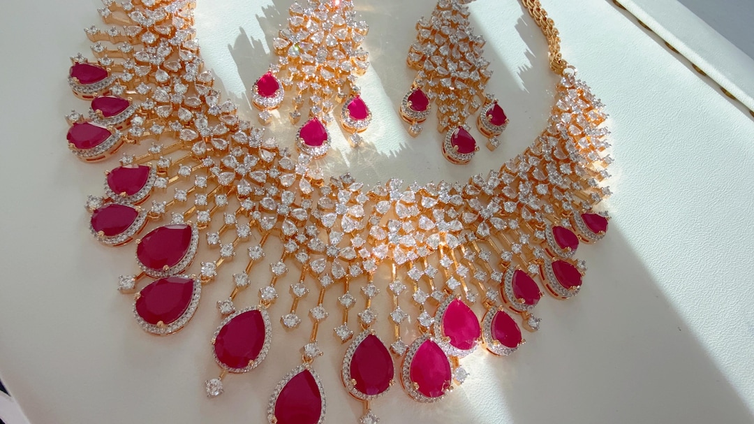 2 Tone Ruby Diamond Bridal Necklace /indian Jewelry/cz Bridal Necklace ...