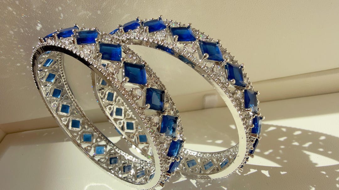 Sapphire Blue Silver Diamond Bangles/sapphire Blue CZ Ad Bangles ...