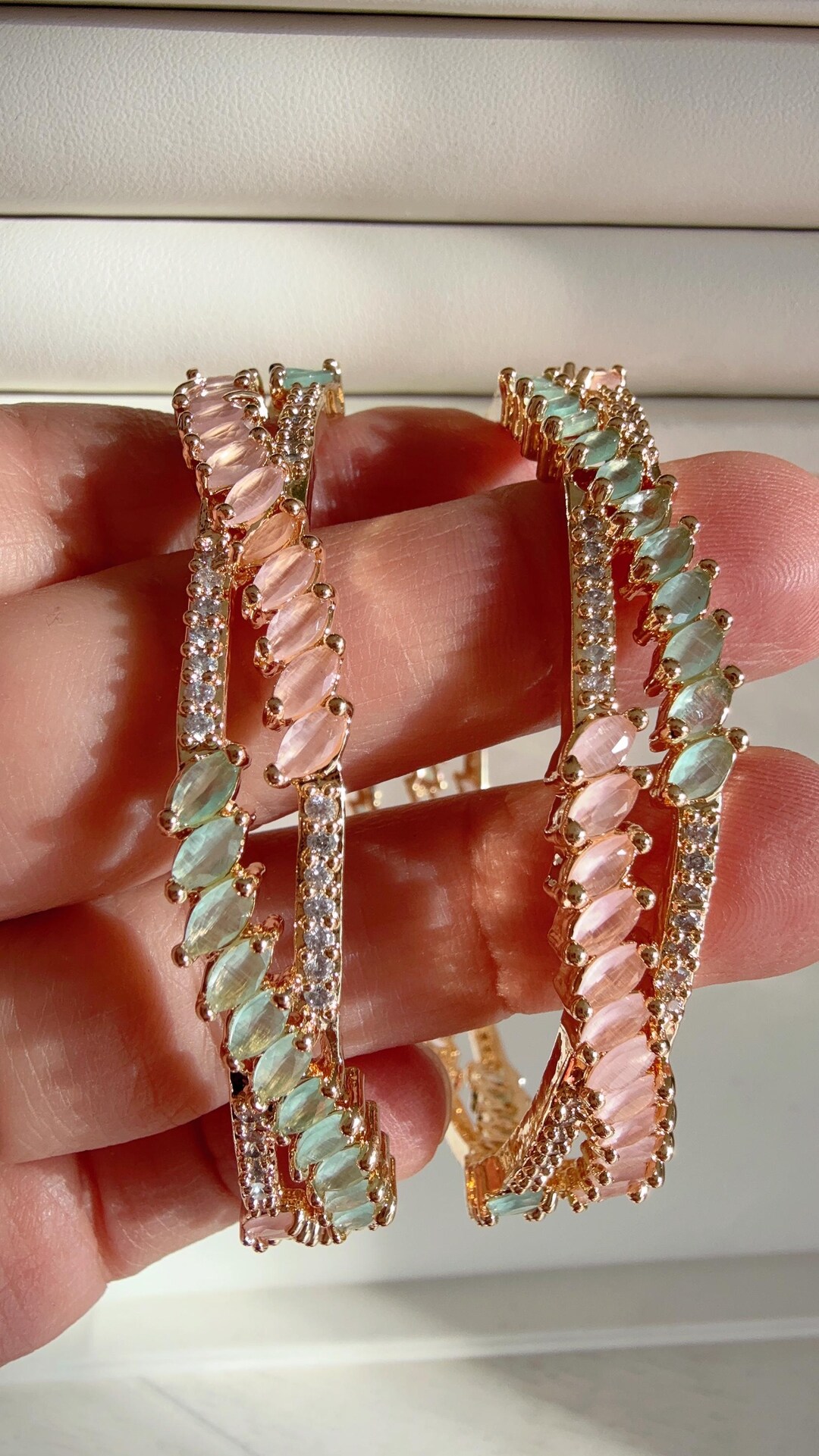 Gold Tone Mint Pink American Diamond Bangle Next to Real / Gold Diamond ...