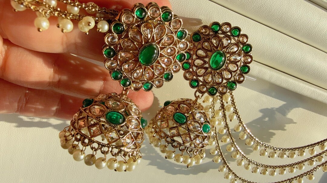 Simran Antique Polki Kundan Bahubali Green Earrings Set With Detachable ...