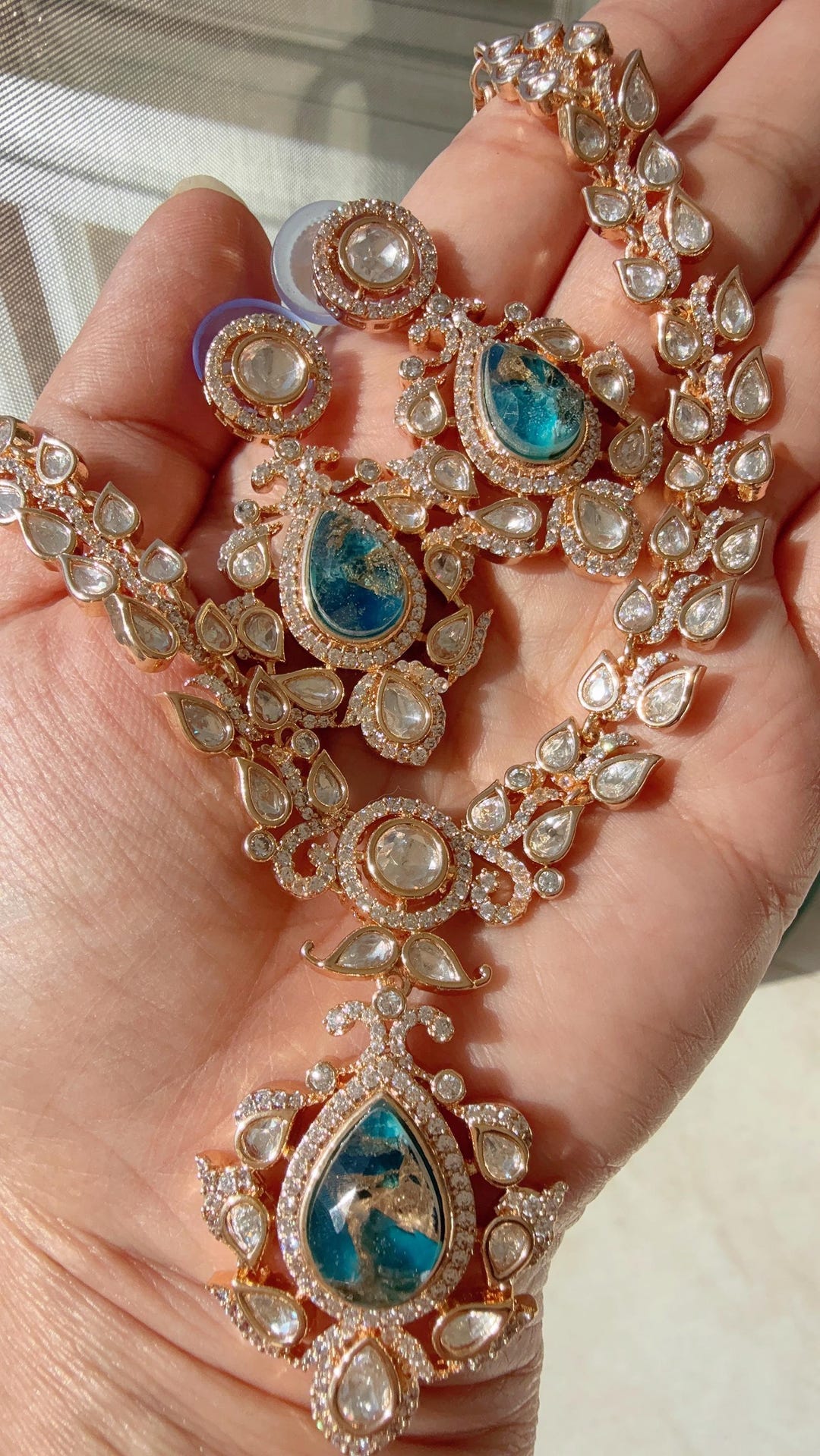 Gauri Firoza Firestone Kundan Jewelry Moissanite Pendant Necklace Set ...