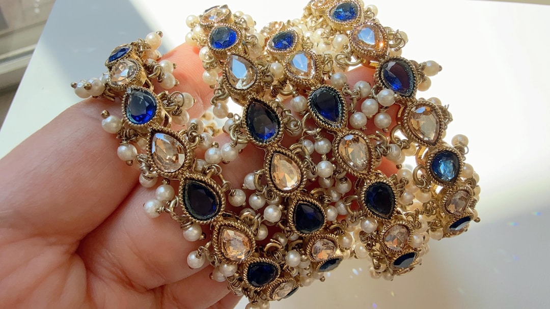 Blue Kundan Pearl Bangles 4 Pc/indian Bangles/ Indian Jewelry/wedding ...