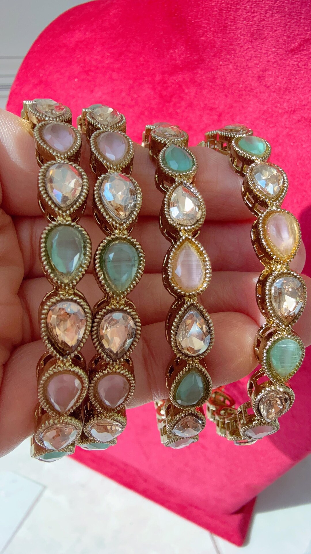 Antique Finish Kundan Polki Mint Pink Bangles Set(4 Pc)/indian Bangles ...