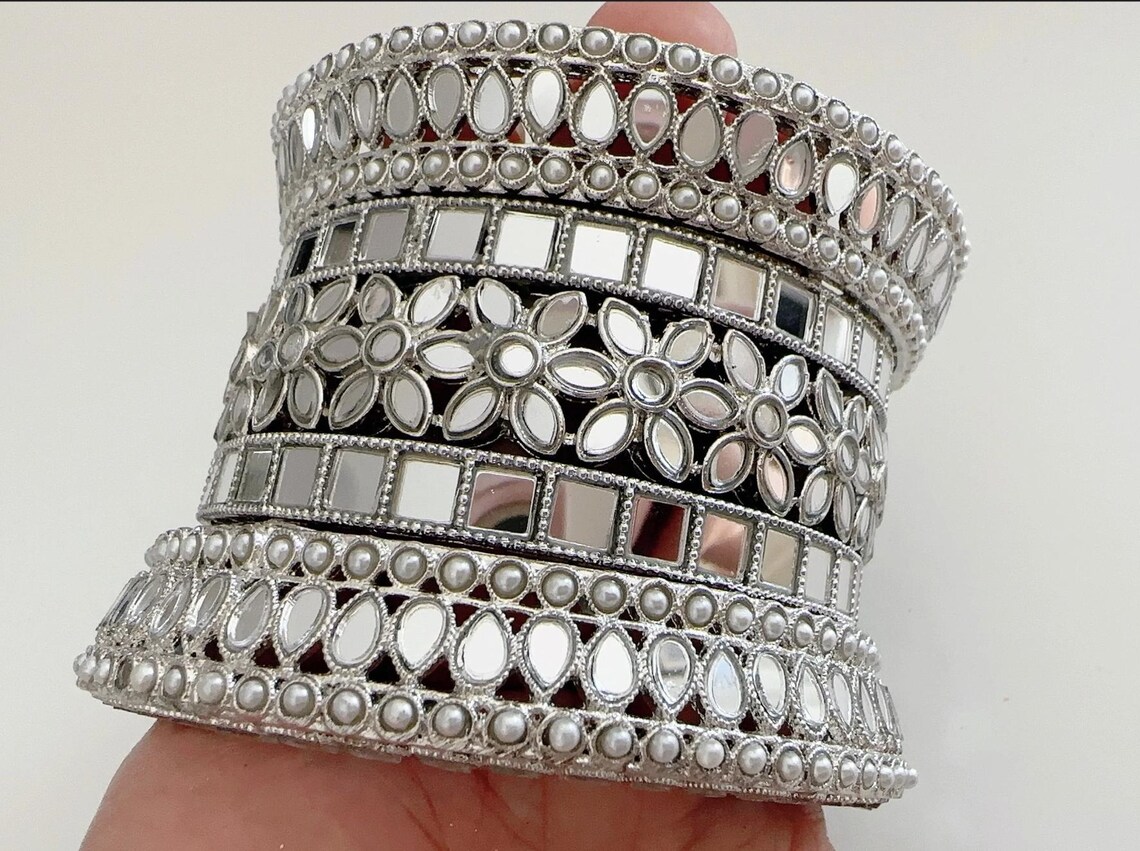 Punjabi Mirror Chuda Silver Bangles Set/punjabi Mirror Silver Bangles ...