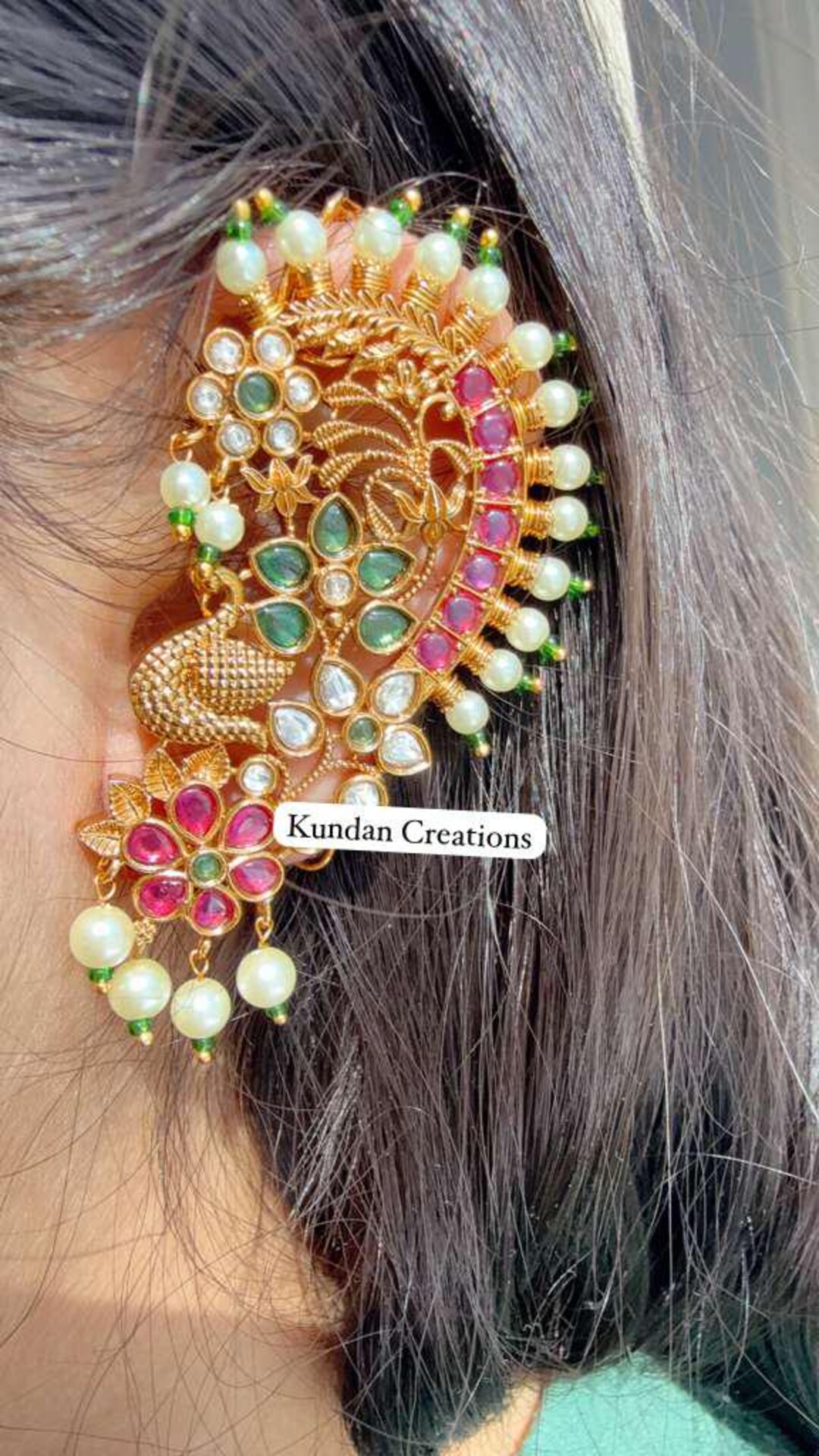 Lara Earcuff Style Ruby Green Stone One Gram Gold Jhumkas With Chain ...