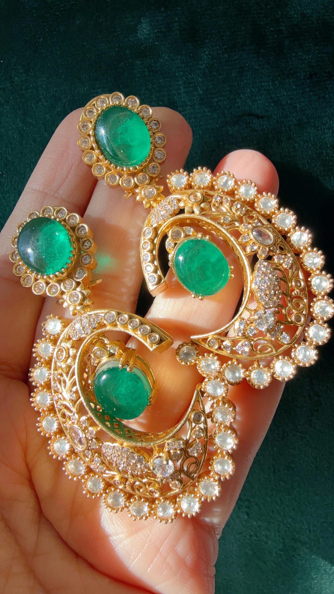Chand Sabyasachi-inspired Green Emerald Doublet Chand Bali Earrings ...